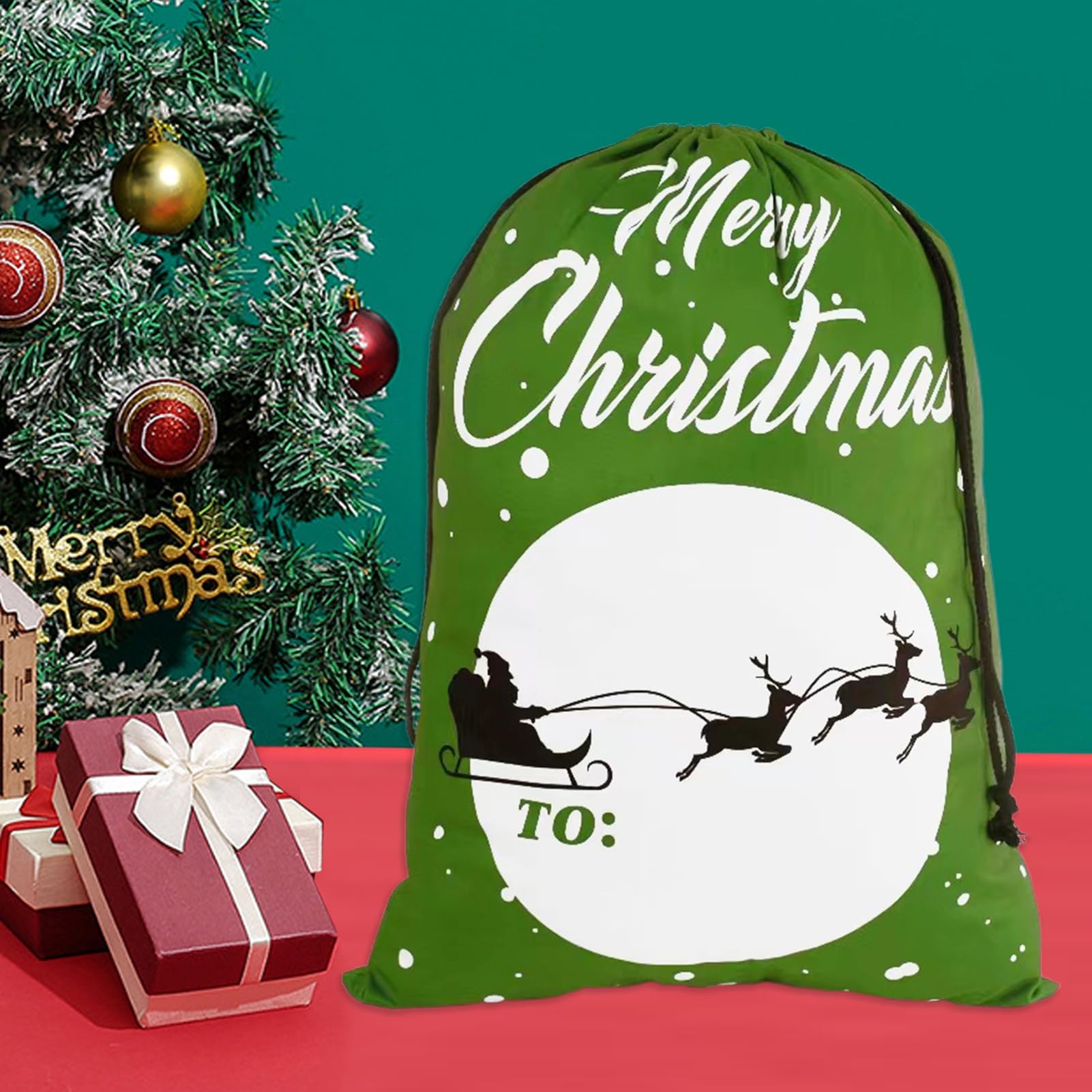 Libcflcc Christmas Party Gift Bag Reusable with Reindeer Sleigh Design Large 70x50cm Size Heavy Duty Washable Cotton Material Festive Drawstring for Holiday Green