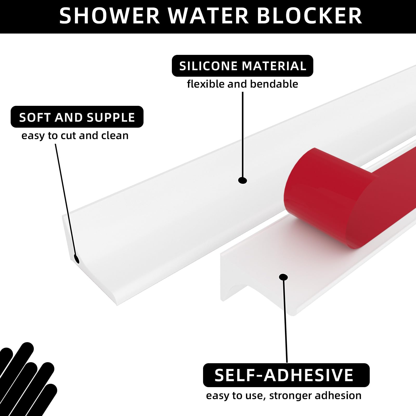 Shower Threshold Water Dam, Silicone Shower Water Guard, Self Adhesive Shower Water Blocker, Collapsible Shower Dam Water Stopper, for Bathroom Bathtub and Kitchen Countertop (White,31In)