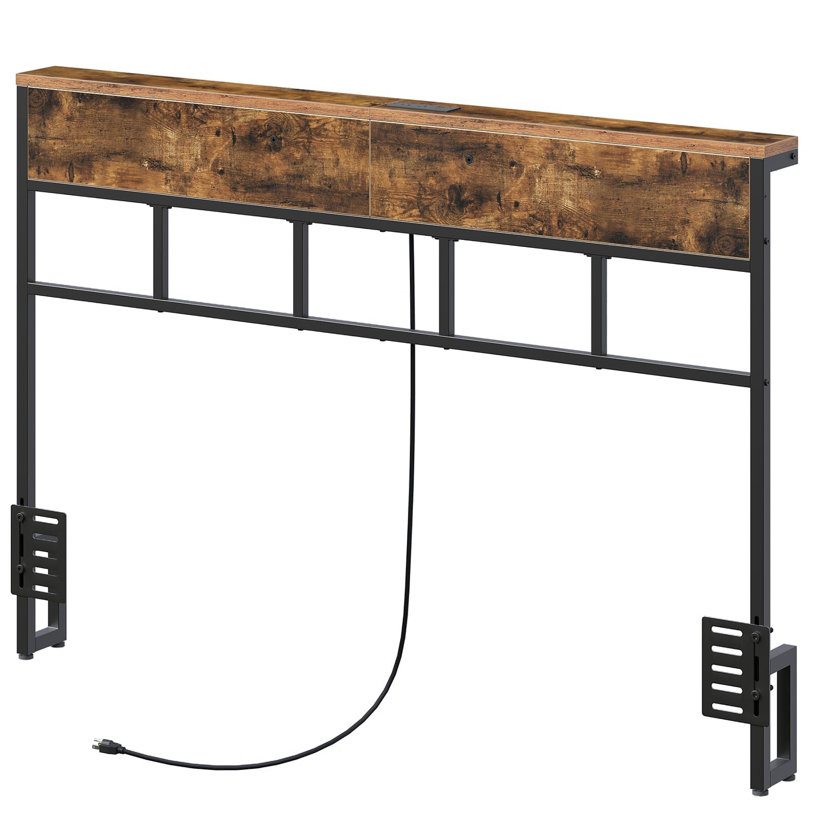 YATINEY Queen Size Headboard Only, Headboard for Queen Size Bed with Storage, Industrial Wooden Headboard with Outlet, USB and Type C Port, Adjustable Height, Sturdy and Stable, Rustic Brown and Black