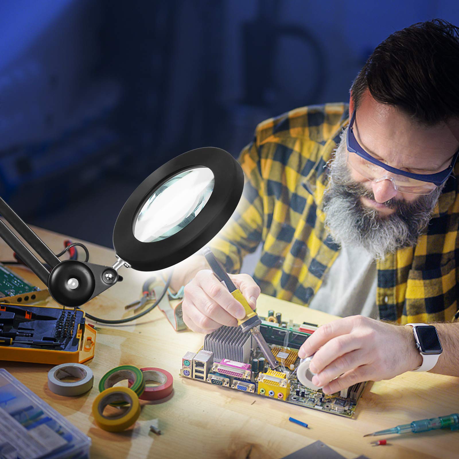 LED Magnifying Lamp - 3 Color Modes, Stepless Dimming,5-Diopter, 4.1" Diameter Glass Lens, Adjustable Swivel Arm Lighted Magnifier Light for Workbench Reading Craft Close Work
