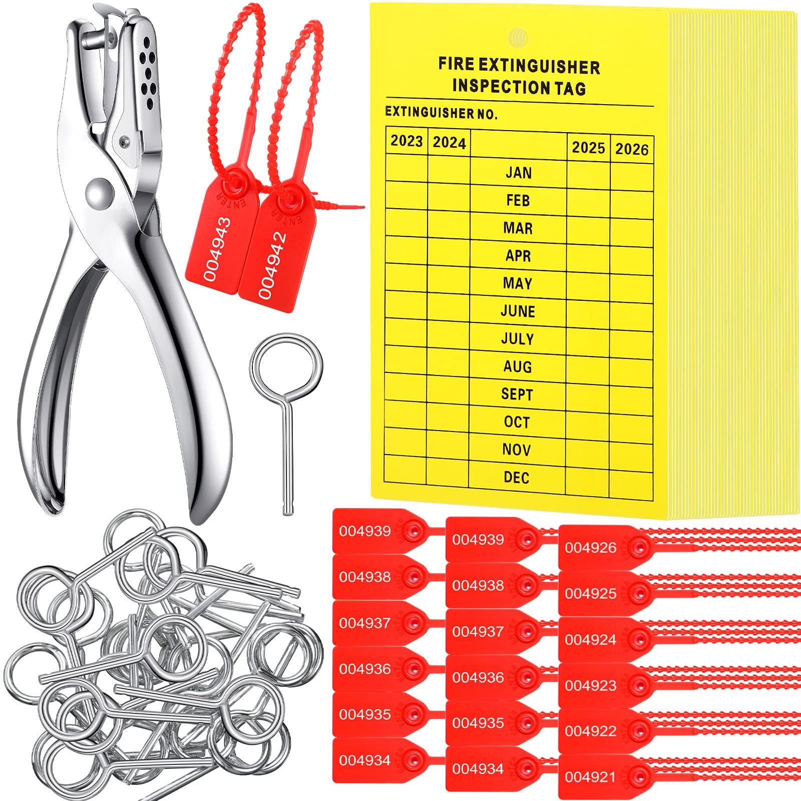 Monthly Fire Extinguisher Inspection Tags Set Including 2023-2026 Maintenance Tags Plastic Tamper Seals Fire Extinguisher Pull Pins Numbered Security Tags with Handheld Hole Puncher (76 Pieces)