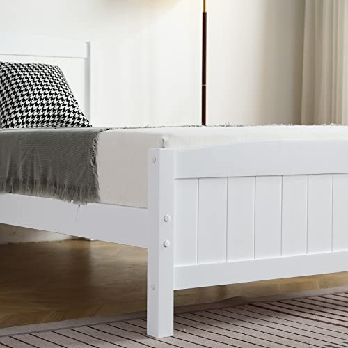 TOVRON Wood Bed Frame Twin Size with Curved Headborad and Footboard White Platform Bed with Wood Slat Single Panel Bed with Extra Support, No Box Spring Needed