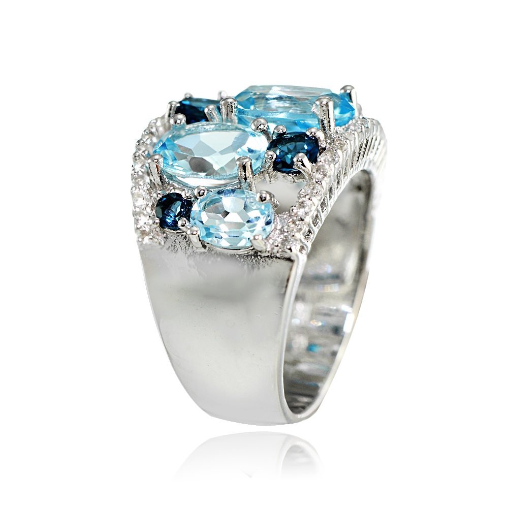 Ice Gems Sterling Silver Genuine London Blue, Blue and White Topaz Tonal Dome Ring