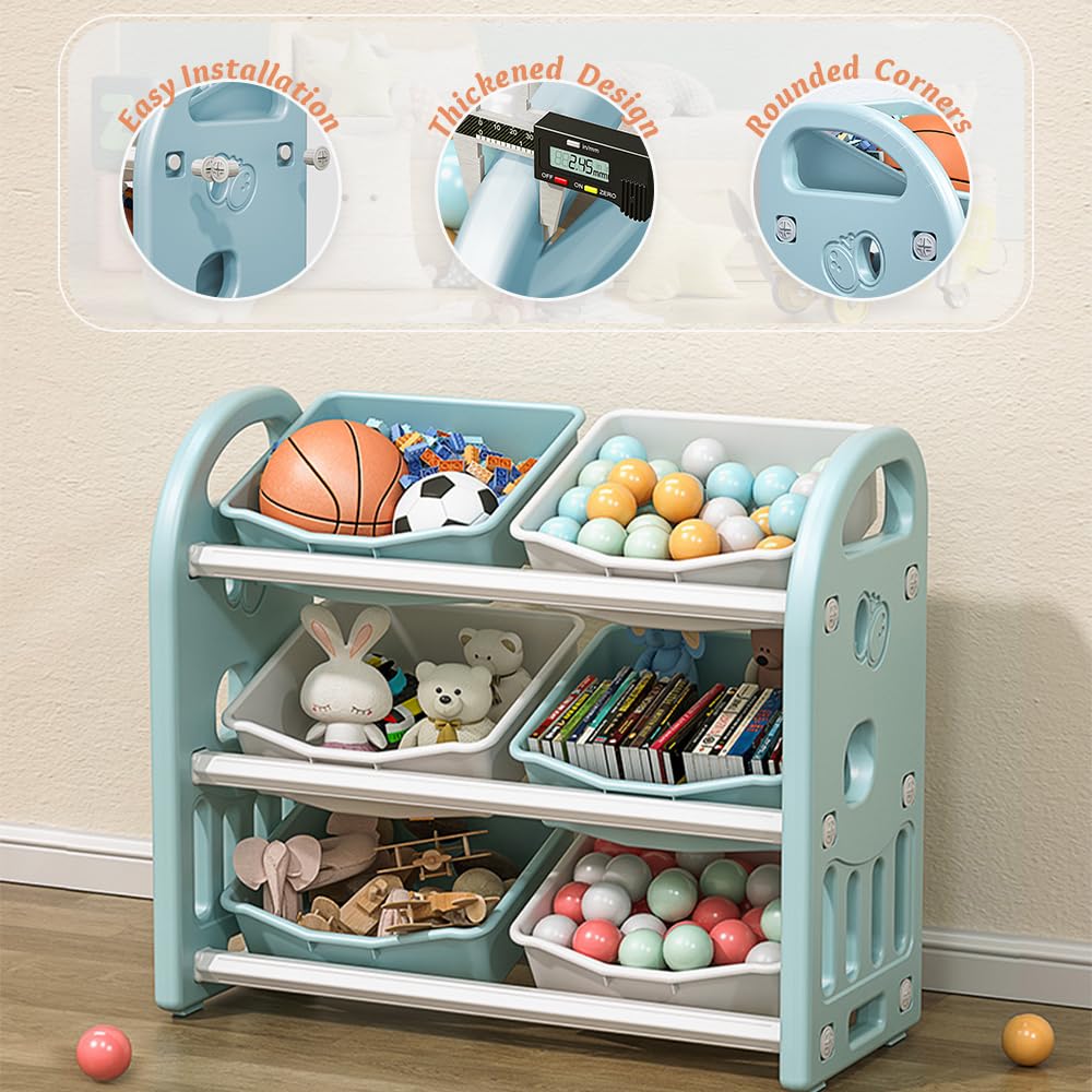 Kids Toy Storage Organizer, 3-Tier Multi-Functional Toy Shelf and 6 Toy Bins, Large Storage Capacity Toy Storage Cabinet for Kids Room, Playroom, Nursery Room(Light Blue)