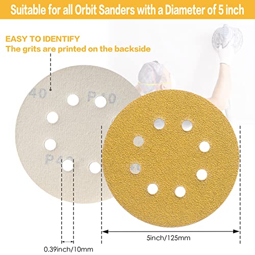 POTUINOM 100PCS 5 Inch 8 Hole Sanding Discs 80 Grit,Gold Round Hook and Loop Sandpaper for Random Orbital Sander