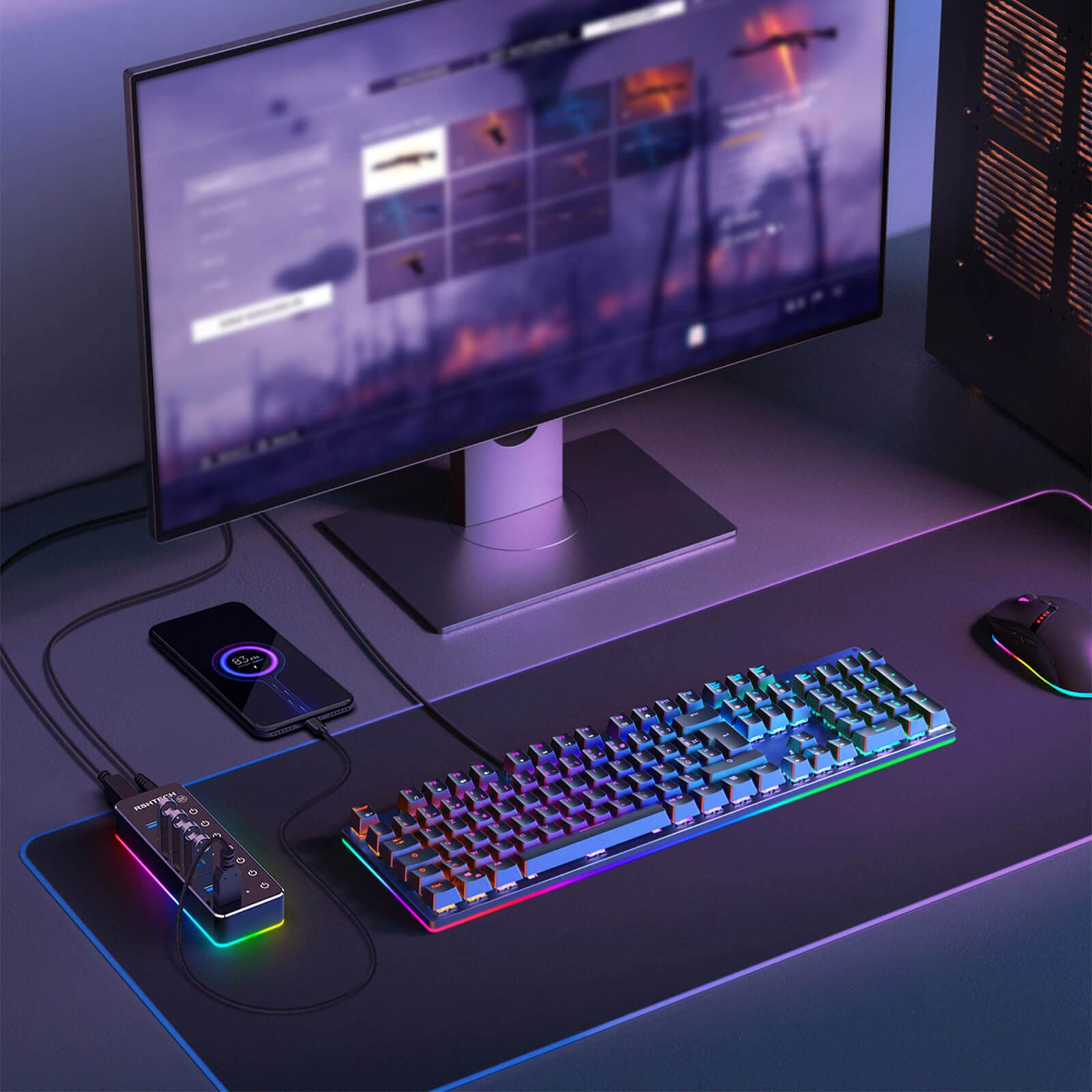 Powered USB Hub, RSHTECH RGB 7 Ports USB 3.0/USB C Hub with 14 Mode RGB LED Strip, Individual Touch Switches, 3.3ft Cable and 5V/4A Power Adapter, Aluminum Gaming USB Hub for PC and Laptop, RSH-518R