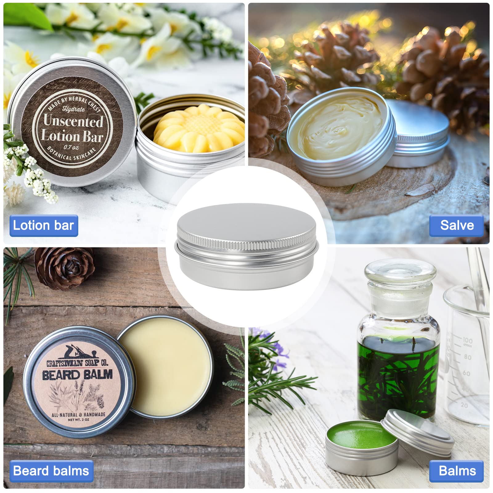 Moretoes 60 Pack 2 Oz Metal Round Tins Aluminum Tin Cans Containers with Screw Lid for Lotion Bars, Balms, Salve, Spices or Beard Balm