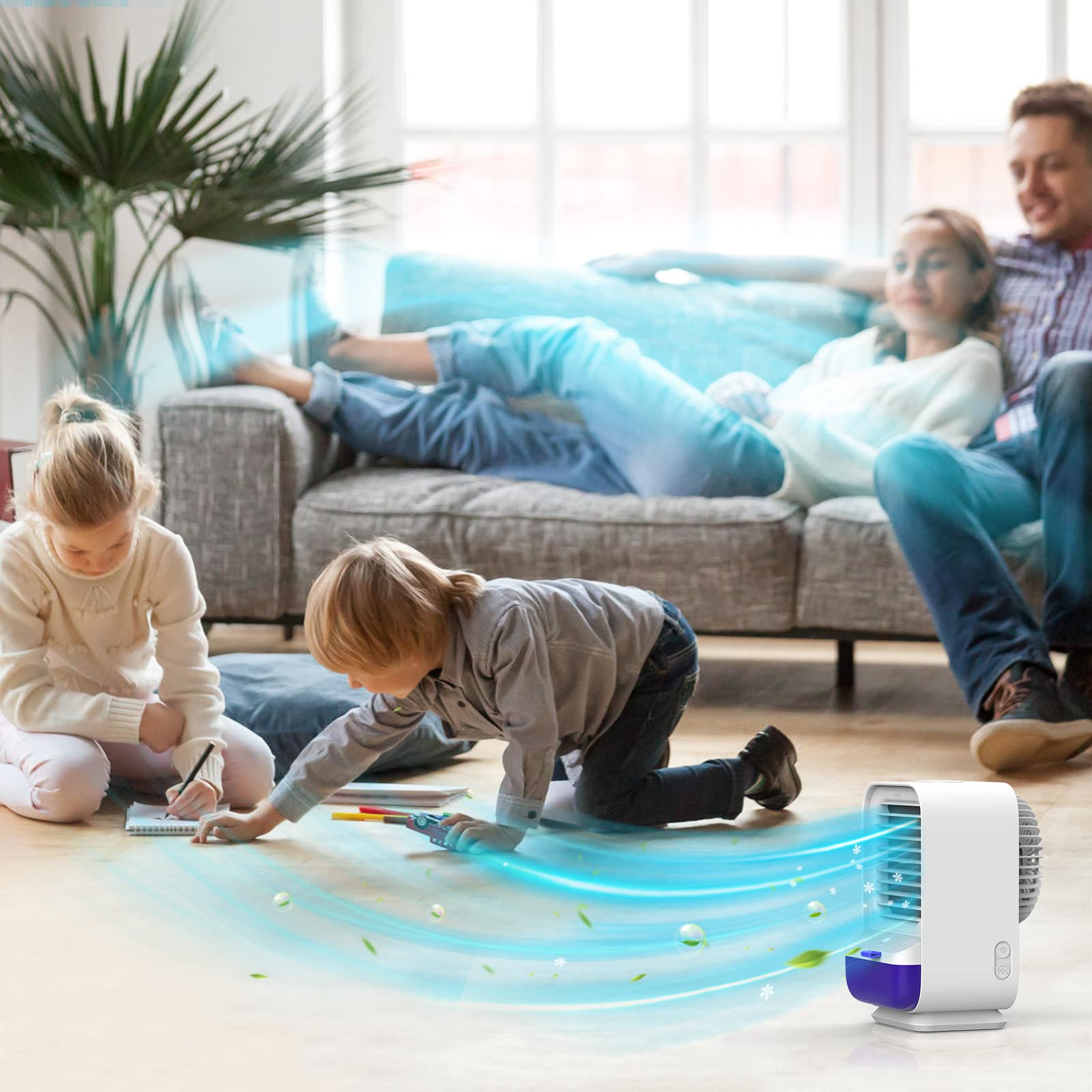 Portable Evaporative Air Cooler, Personal Desktop Cooling Fan with 2 Mists & 3 Speeds, Portable AC Unit with USB Powered, Water Tank, Night Light, Mini Air Conditioner Fan for Room Office Bedroom Camping, White