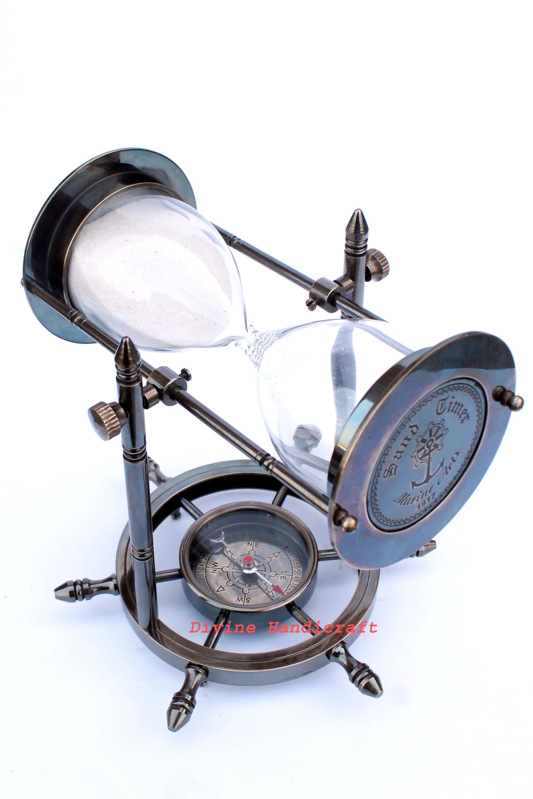 Nautical Maritime Black Antique Full Brass Sand Timer Hourglass with Wheel Compass Base
