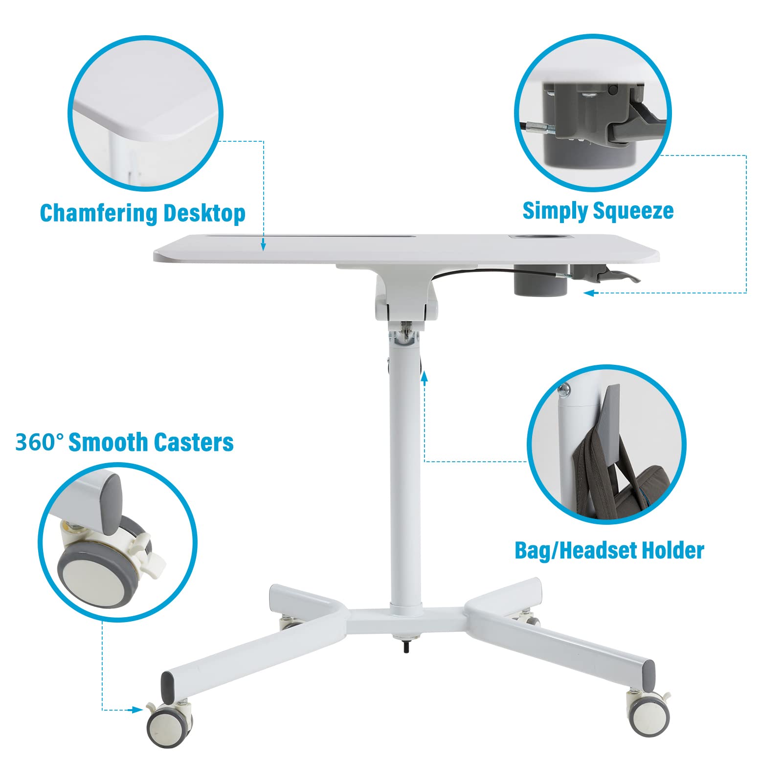 Mobile Sit Stand Desk - Height Adjustable Standing Laptop Desk Cart Rolling Couch Table on Wheels White Workstation with Gas Spring Riser for Home Office Classroom