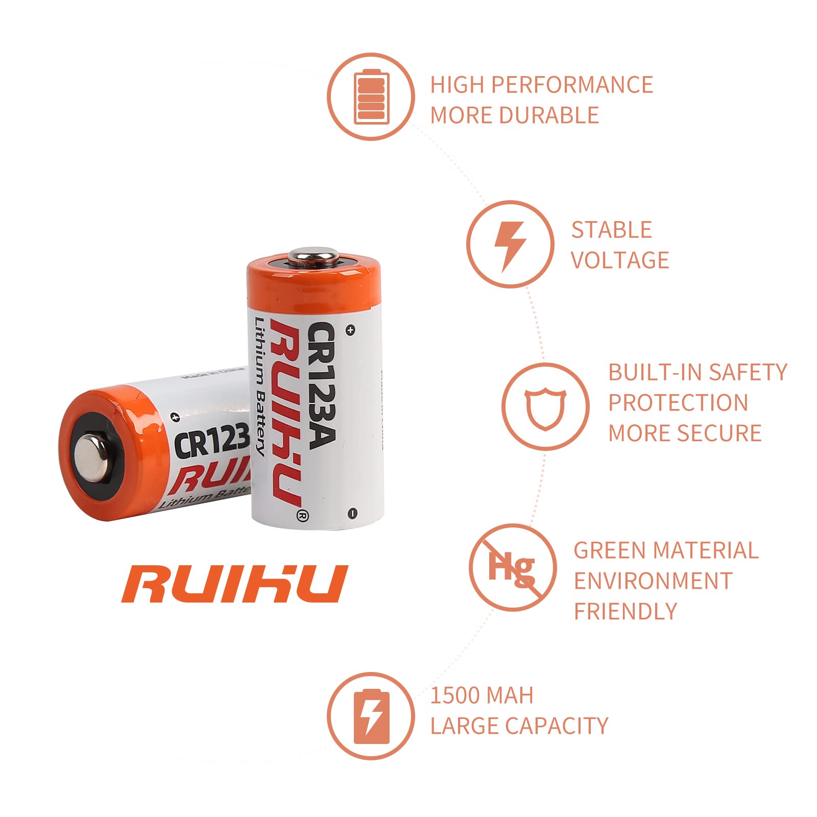 RUIHU CR123A Lithium Battery, 10 Pack 3V 1500mAh Lithium Manganese Dioxide(Li-MnO2) Battery for Flashlight Alarm Smart Sensor Microphones, Non-Rechargeable