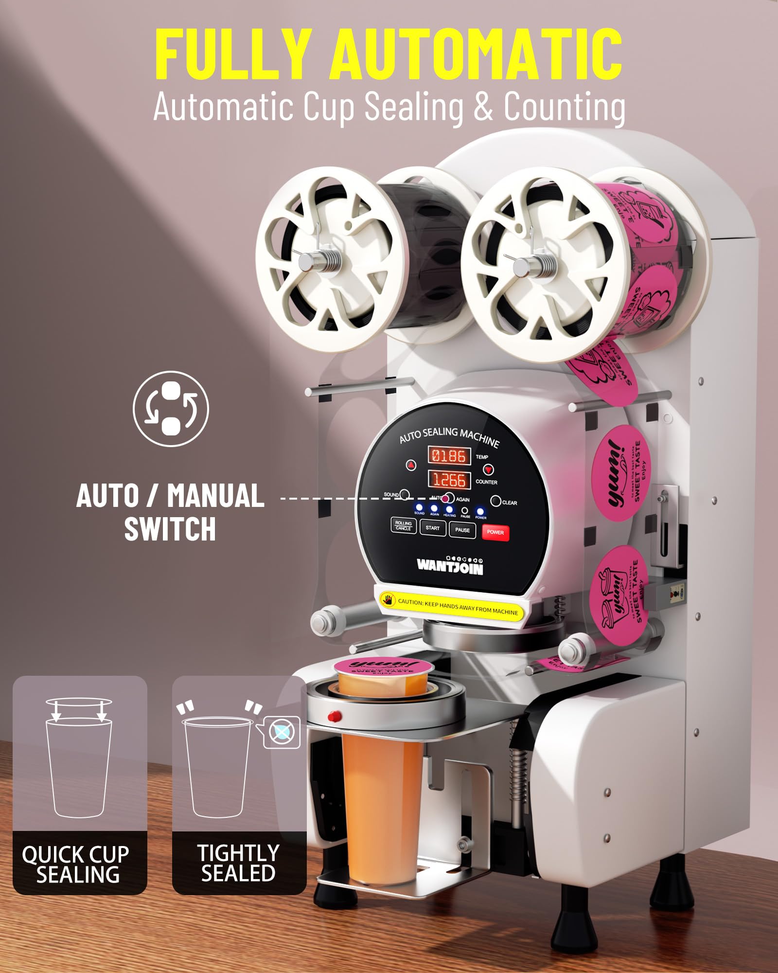 WantJoin Cup Sealing Machine Full Automatic Cup Sealer Machine 89/90/95MM 3.50/3.54/3.74IN Electric White Cup Sealing Machine 500-600 Cups/H(White)