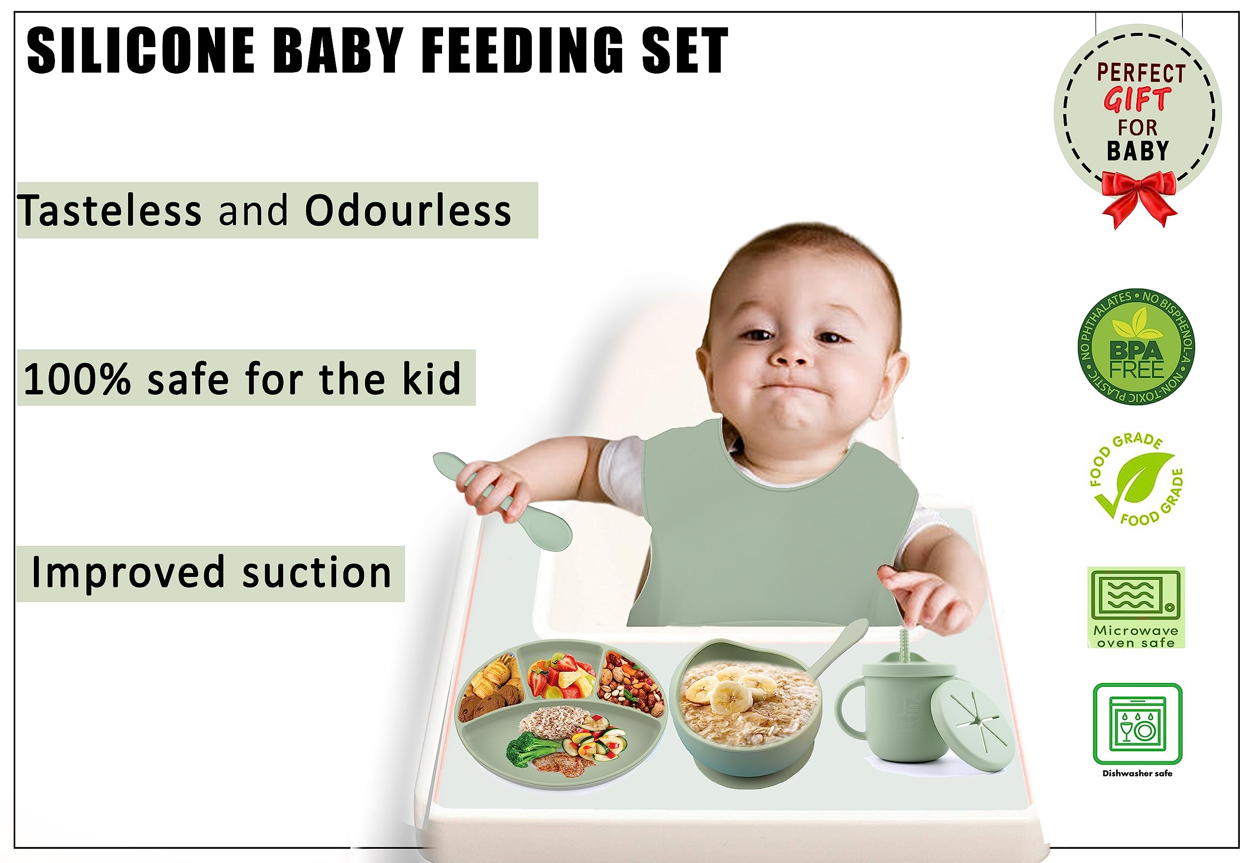 Silicone Feeding Utensils Set 8Pcs For Baby- Led Weaning Essentials-Divided Suction Plate-Lid-Bowl-Fork-Spoon-Adjustable Bib-2in1 Drinking + Snack Cup, Gift for Infant and Toddler (Oliver Green)
