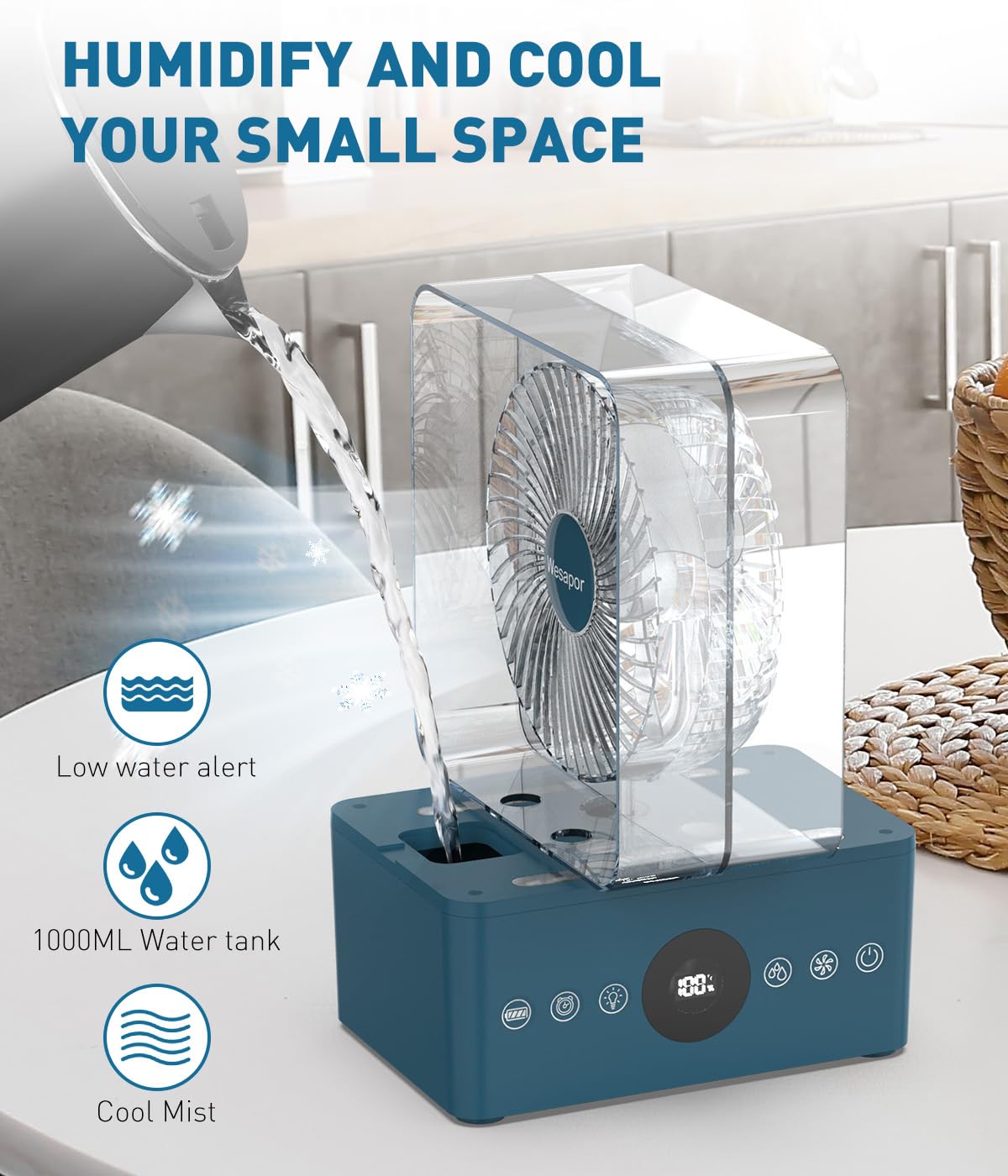 Portable Air Conditioner Cooling Fan with 3600mah battery, Quiet with 3 Speeds, 1000ml Evaporative Personal Air Cooler Fan with Mist, 8H Timer, 4 LED mode, Small Air Conditioner for Bedroom Office