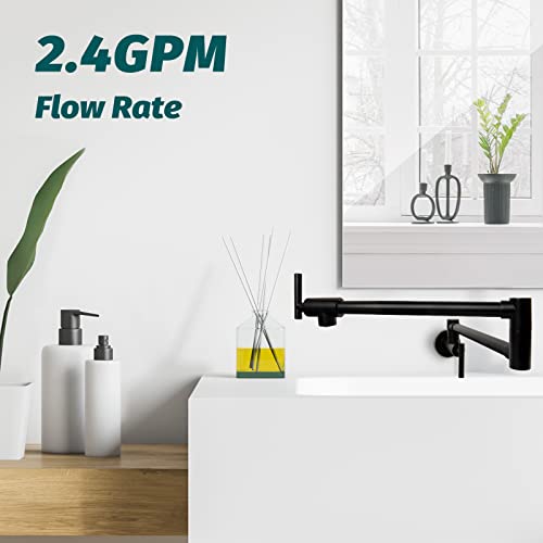 Pot Filler Faucet, Solid Brass Commercial Pot Filler Wall Mount Kitchen Stove Faucet Folding Restaurant Sink Faucet with Joint Swing Arm & Handles (Black)