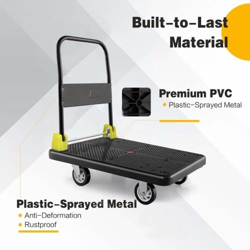 Platform Cart Heavy Duty 660lbs, Dolly Folding Warehouse Platform Truck, Flat Bed Carts with Wheels