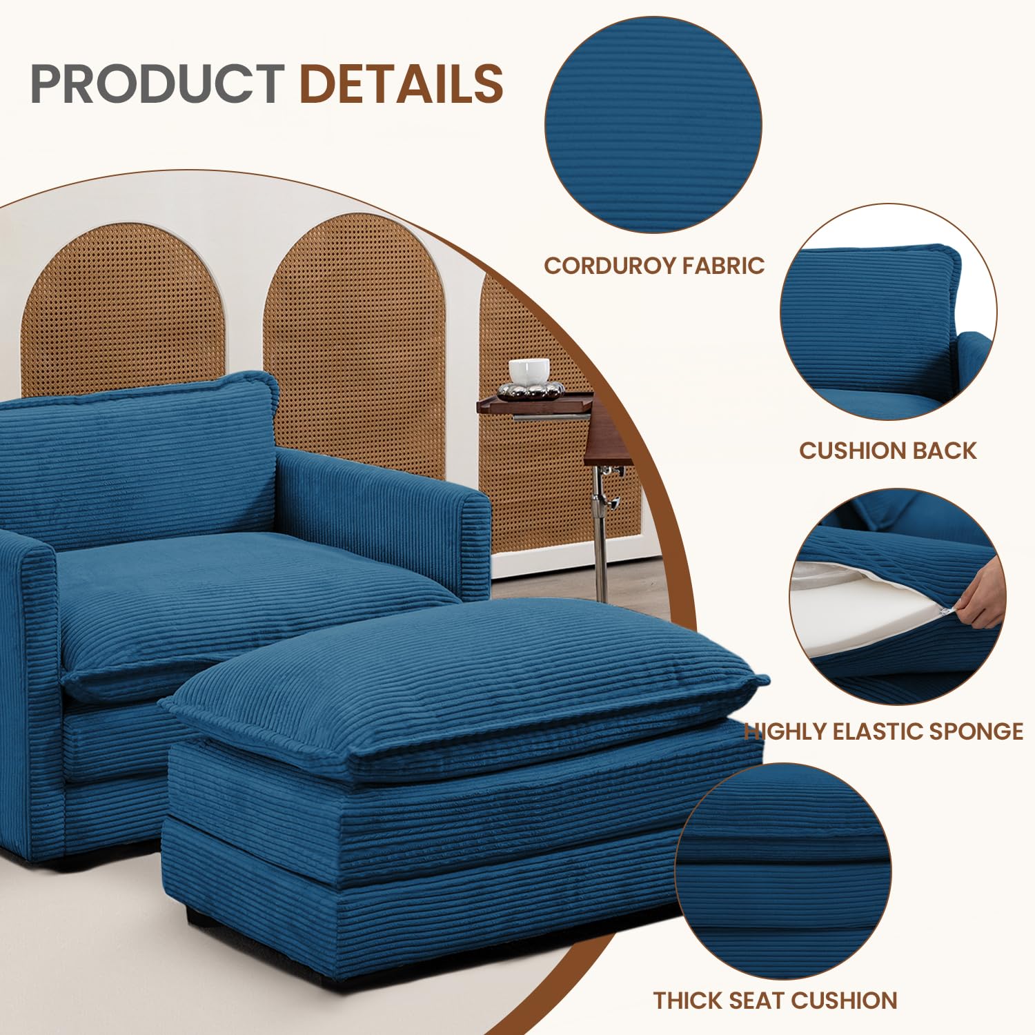 ROWHY Single Armchair with Ottoman, Modern Corduroy Cloud Couch with Convertible Chaise, Upholstered Sofa Set for Living Room and Office, Blue
