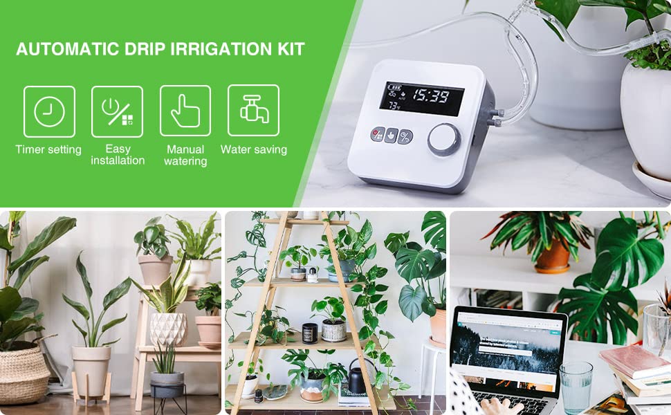 REKTON Automatic Drip Irrigation Kit,Houseplants DIY Micro Self Watering System with 30Day Digital Programmable Water Timer 5V USB Power Operation for Indoor Potted Plants Vacation Plant Watering