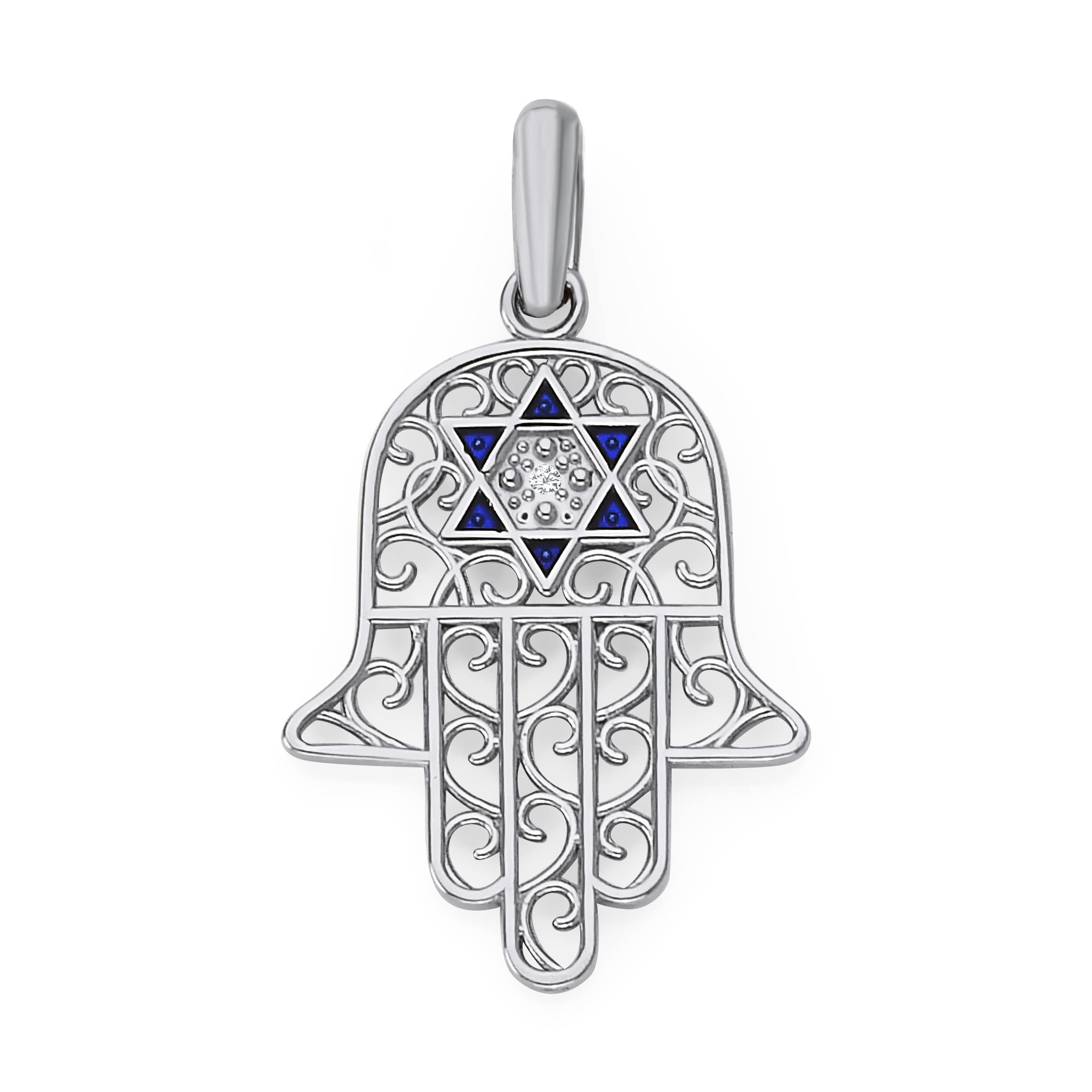 Pome Hamsa Hand Pendant Necklace with CZ Stone in Sterling Silver, Cubic Zirconia Necklace, Blue Enamel, Made in America (Pendant Only)