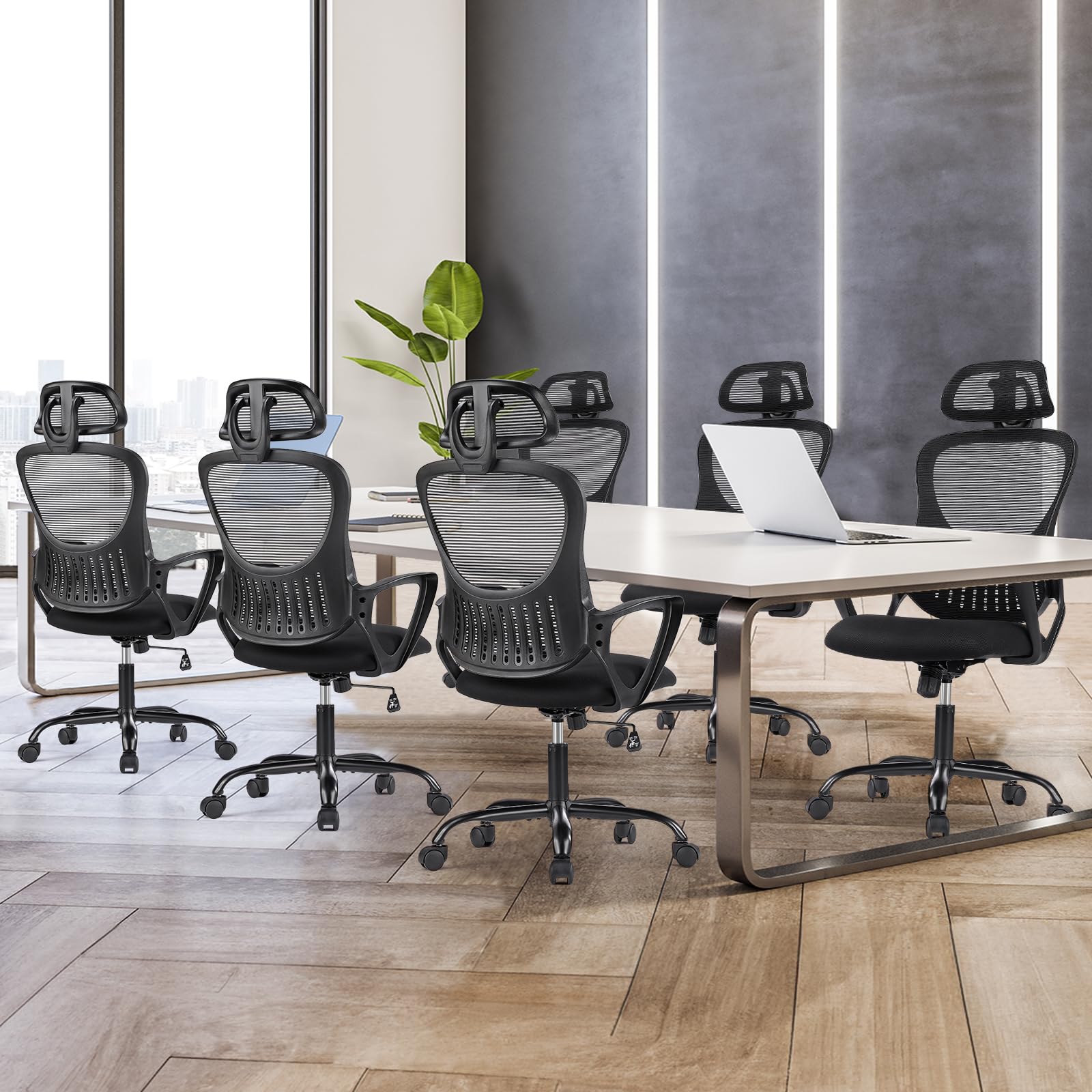 Sweetcrispy Office Computer Desk Chair, Ergonomic High-Back Mesh Rolling Work Chairs with Wheels and Adjustable Headrests, Comfortable Lumbar Support, Comfy Armrest for Home, Bedroom, Study,Black
