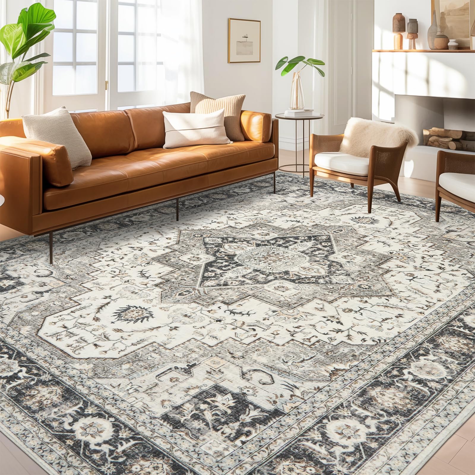 Roxstand Washable Rugs 8x10 Area Rugs for Living Room, Bedroom, Office, Ultra-Thin Anti Slip Backing Rug, Super-Soft Vintage Large Area Rug, Home Decor Farmhouse Rugs (Grey/Ivory, 8'x10')