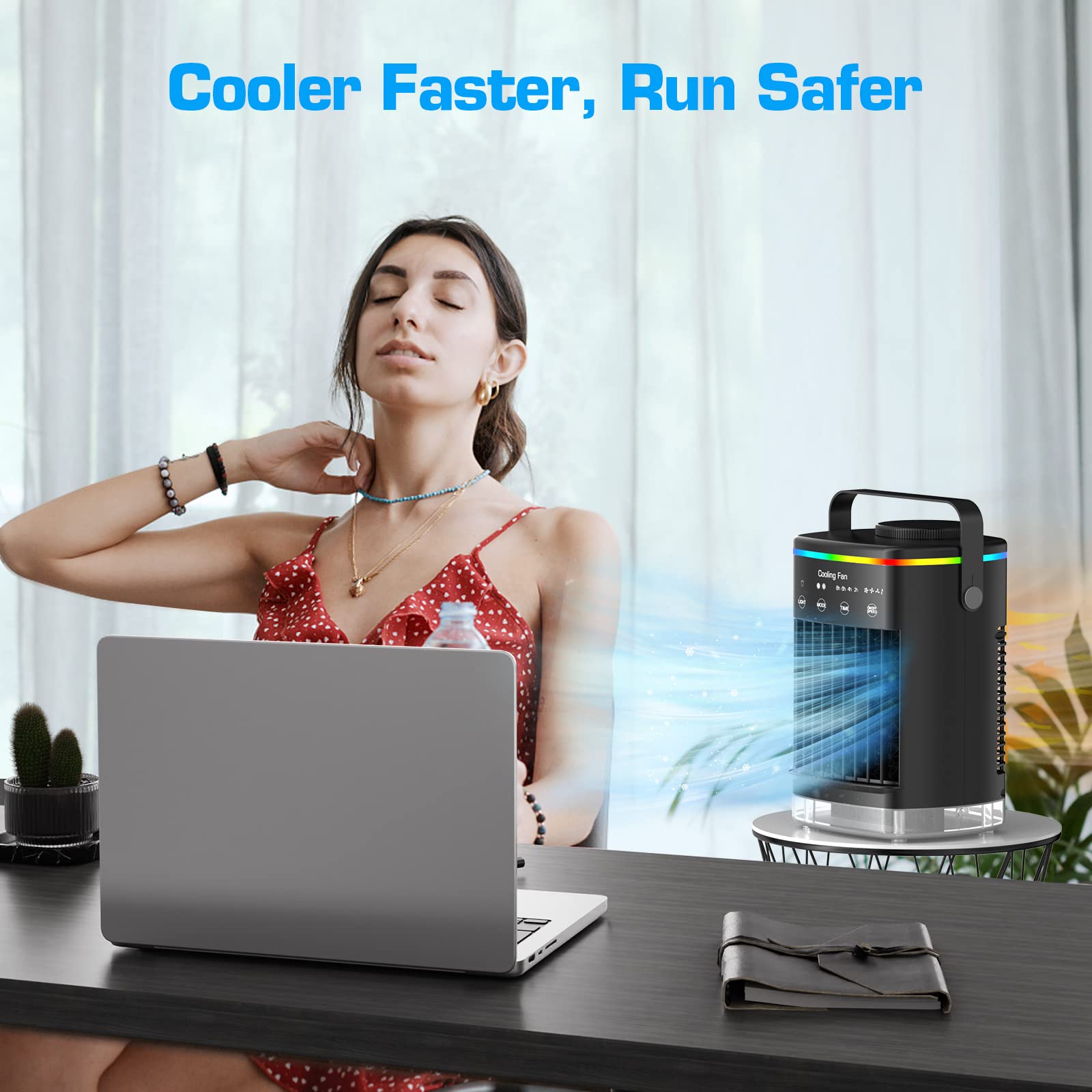 Portable Air Conditioners, Personal Cooling Fan Air Conditioner Portable with 4 Wind Speed & 2 Mist Level & 2-8H Timer & 7 LED Light Mini Evaporative Air Cooler for Home Office Room, Black