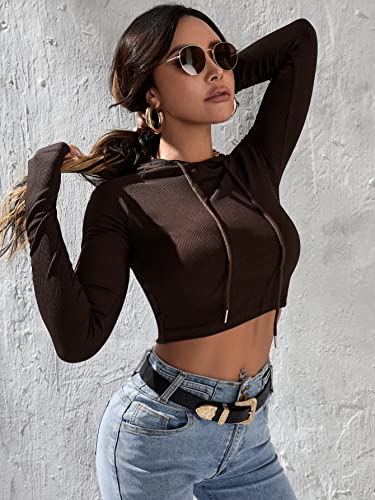 Milumia Women's Drawstring Hooded Crop Tee Long Sleeve Rib Knit T Shirts Sweatshirt with Thumbhole Chocolate Brown Small