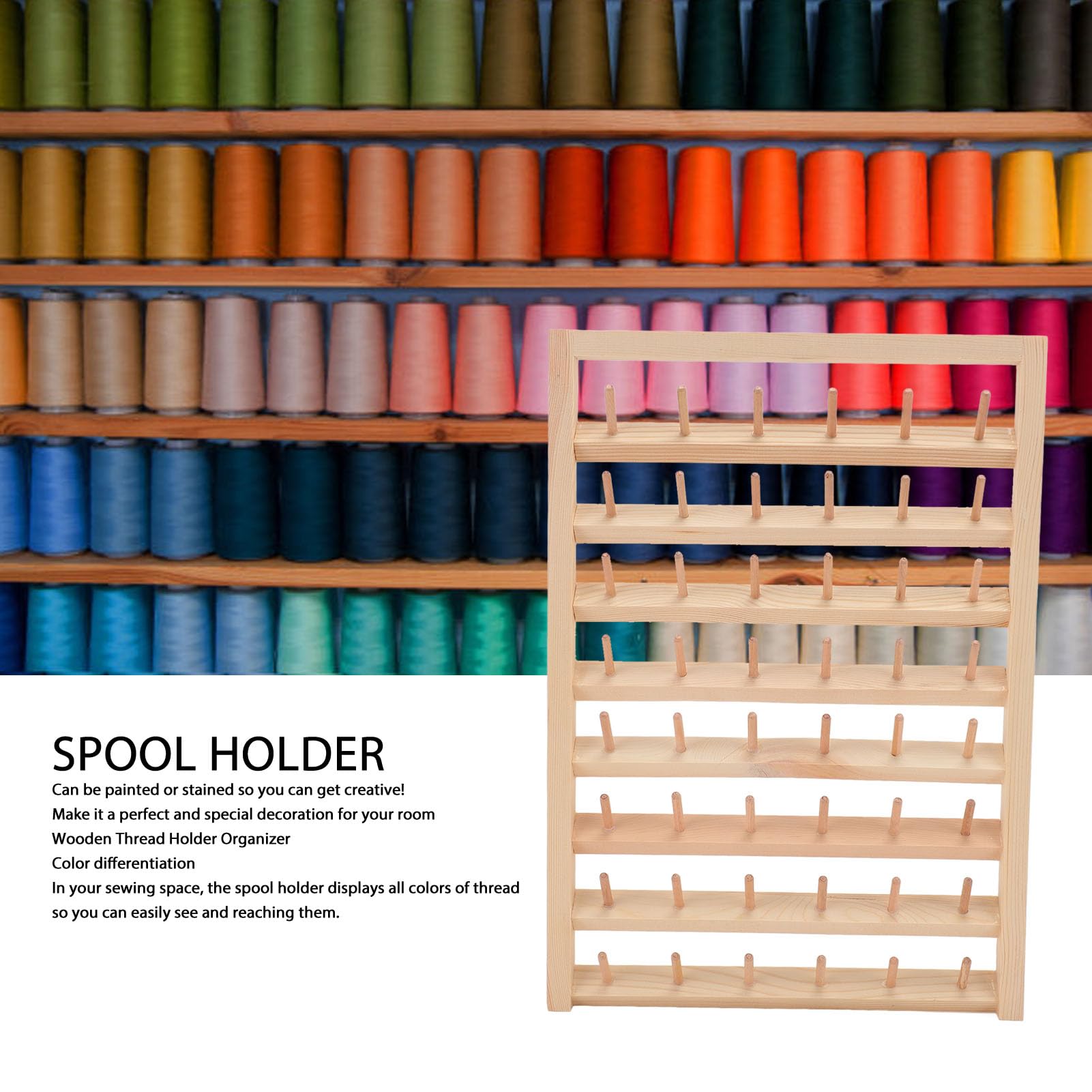 Thread Holder 48 Spools Thread Rack Wall Mounted Wooden Thread Holder, DIY Embroidery Spool Thread Organizer for Household Sewing, 13.4 x 16.1in Thread Rack with Hanging Hook