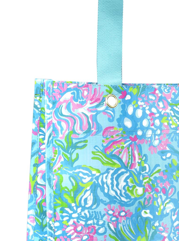 Lilly Pulitzer Blue/Green Market Shopper Bag, Reusable Grocery Tote with Comfortable Shoulder Straps, Aqua La Vista