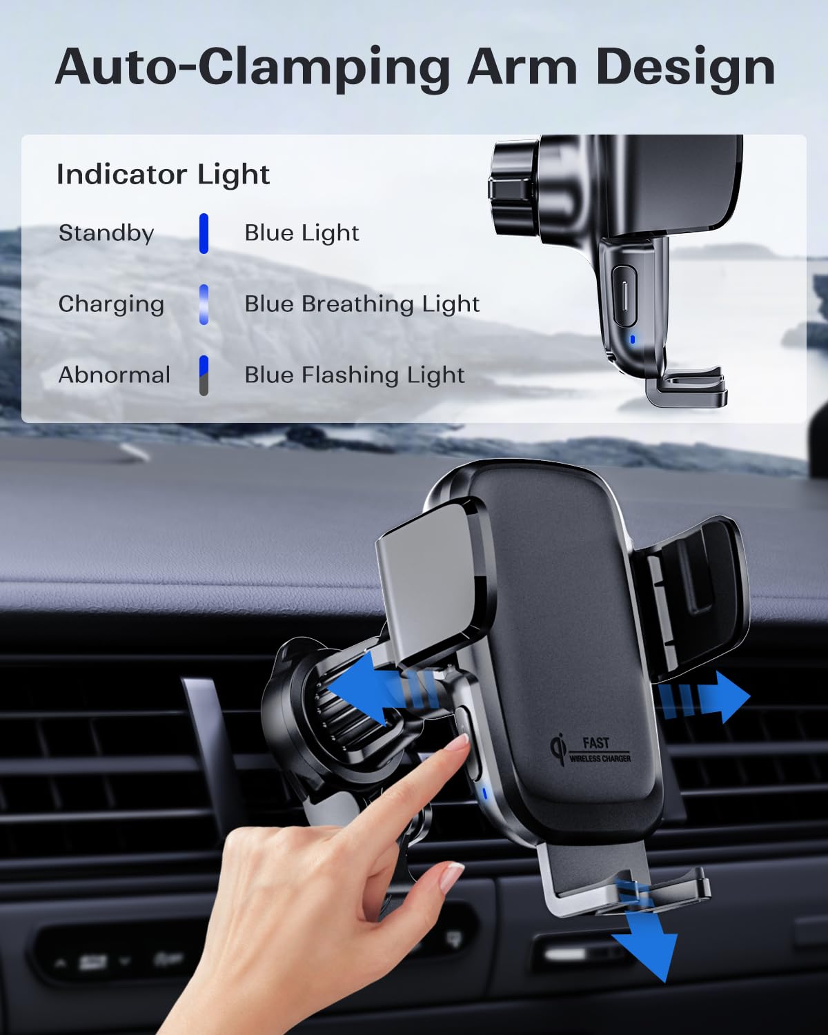 KPON Car Phone Holder Wireless Charger, Auto Clamping Wireless Car Charger Mount 15W/10W/7.5W for Dashboard, Automatic Air Vent Windshield Mount for iPhone 15 14 13 12 11/Samsung/LG/Google Pixel