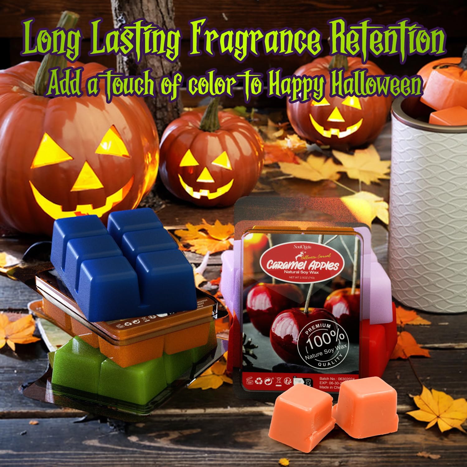 SoulOrigin Halloween Scented Wax Melts, Scented Soy Wax Cubes Set for Caramel Apples, Pumpkin Pie, Candy Corn, Halloween Cookies, Chocolate Bars, Popcorn Balls, Caramel Corn, Halloween Gummy Candies