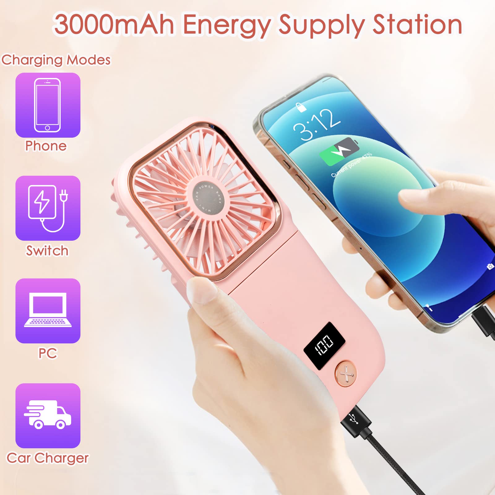Portable Mini Fan, 3000mAh Battery Operated Fan, 3 Speeds Rechargeable Fan, Phone Bracket & Power Bank Function, Foldable Design, Power indicator - Handheld Cooling Fan for Quiet Use (Black)