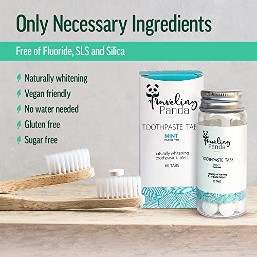 Traveling Panda, Travel Toothpaste Tablets, Chewable Charcoal Whitening Tabs, No Water Required Perfect Traveling Essentials for On The Go Teeth Brushing, Vegan and No Sugar, Mint 60 Tablets