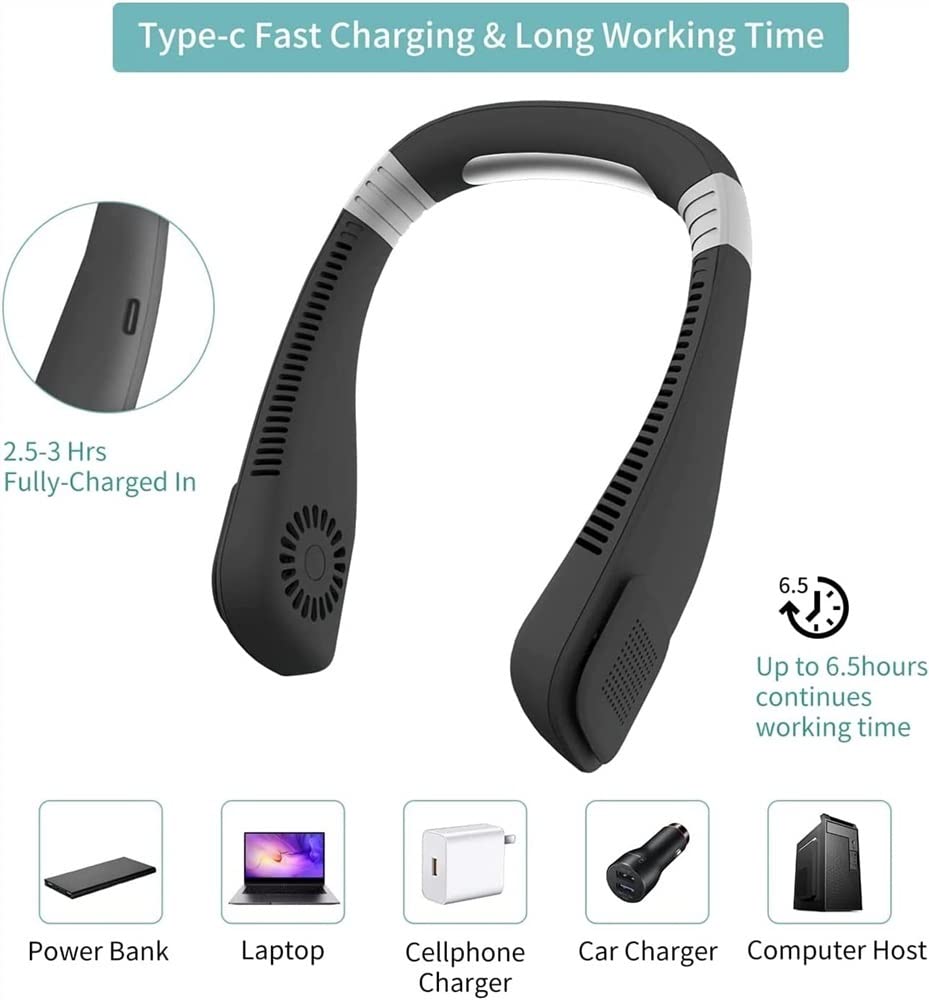 Portable Neck Fan, Personal Fan Bladeless Fan, 3 Speeds Adjustment, Lower Noise, Rechargeable, USB Powered 2.24 (Color : Black)