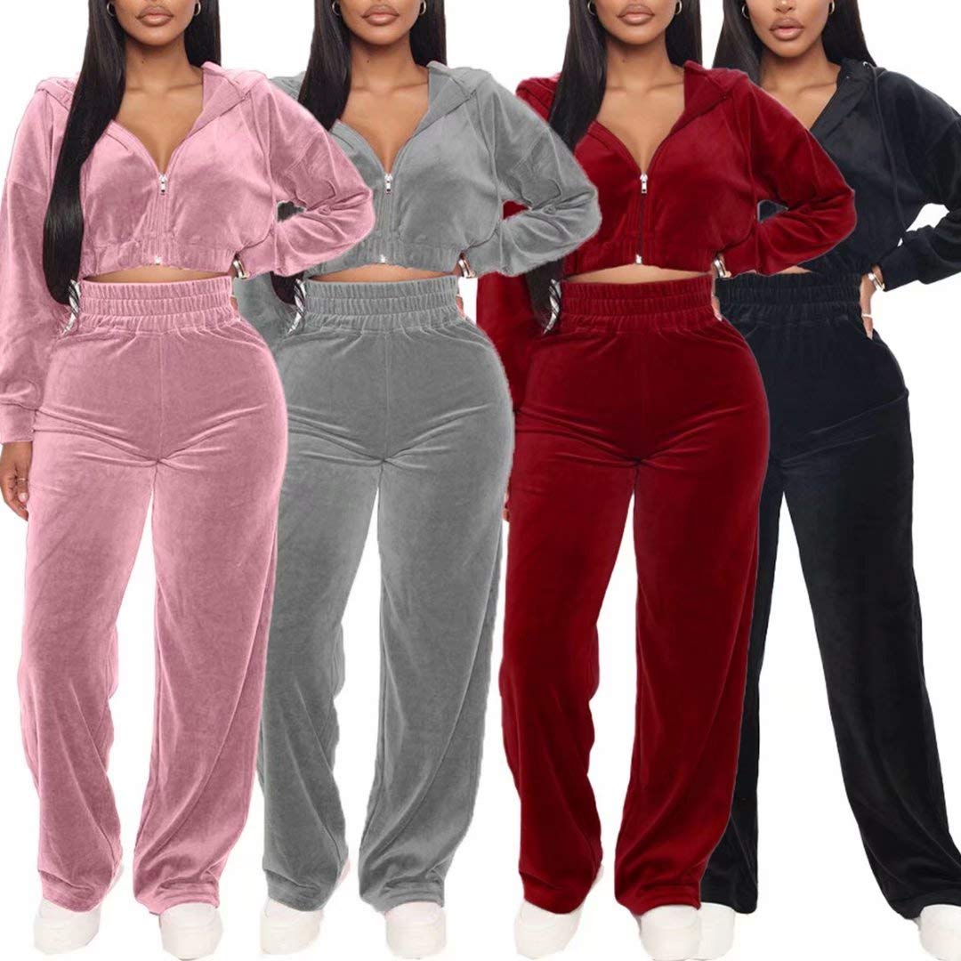 IyMoo Women's Solid Velour Sweatsuit Set Hoodie and Pants Sport Suits Tracksuits Red M