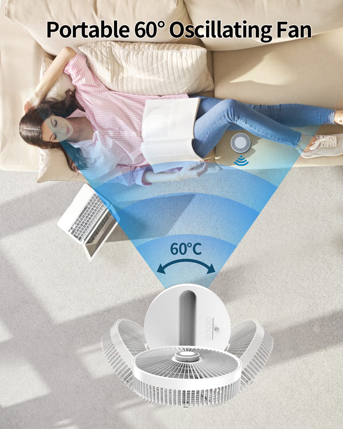 Portable Oscillating Standing Fan with Remote Controller, 4 Speed 8" Foldable Desk Fan, 7200mAh Rechargeable Battery Powered Pedestal Fan for Camping, Adjustable Height Great for Office Home Outdoor