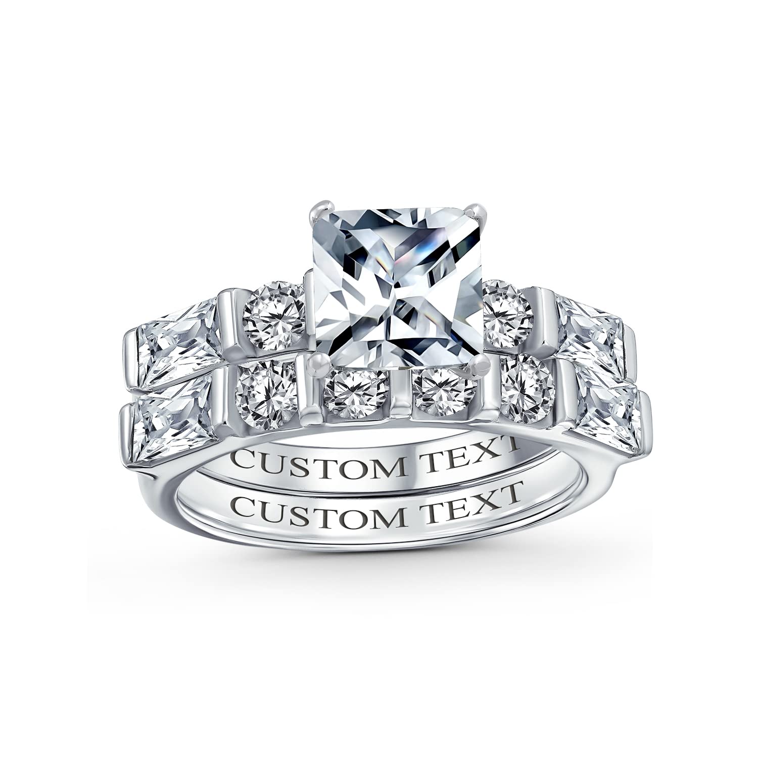 Personalized Traditional AAA CZ Baguettes Side Stones 2CT Square Princess Cut Brilliant Solitaire Anniversary Engagement Wedding Band Ring Set For Women .925 Sterling Silver Custom Engraved