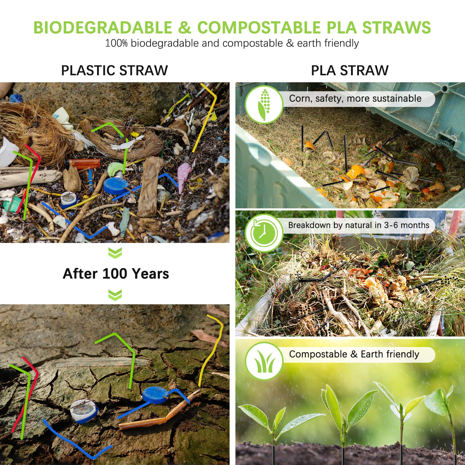 Plasticless 100 Pcs PLA Disposable Drinking Straws Corn Plant Based Biodegradable Straws, BPA Free Compostable Stir Sticks Black Straws, Reusable Straws Alternative to Plastic Straws for Party Drinks