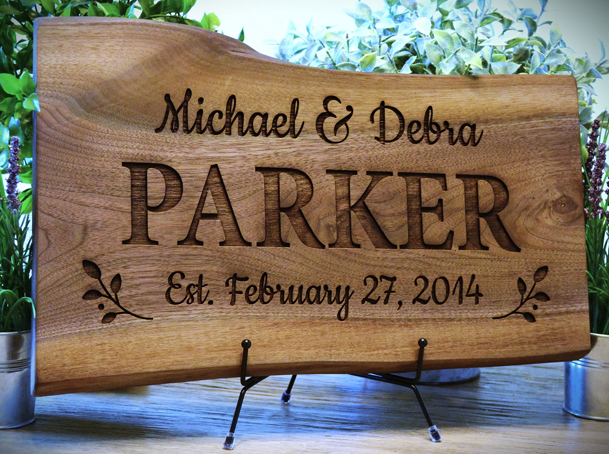 Personalized Cutting Board Wedding Gift Elegant Walnut Polished Live Edge Wood Display Custom Engraved Rustic Unique Anniversary Bride Groom Newlywed Couple Parents Housewarming (Wedding Branches)