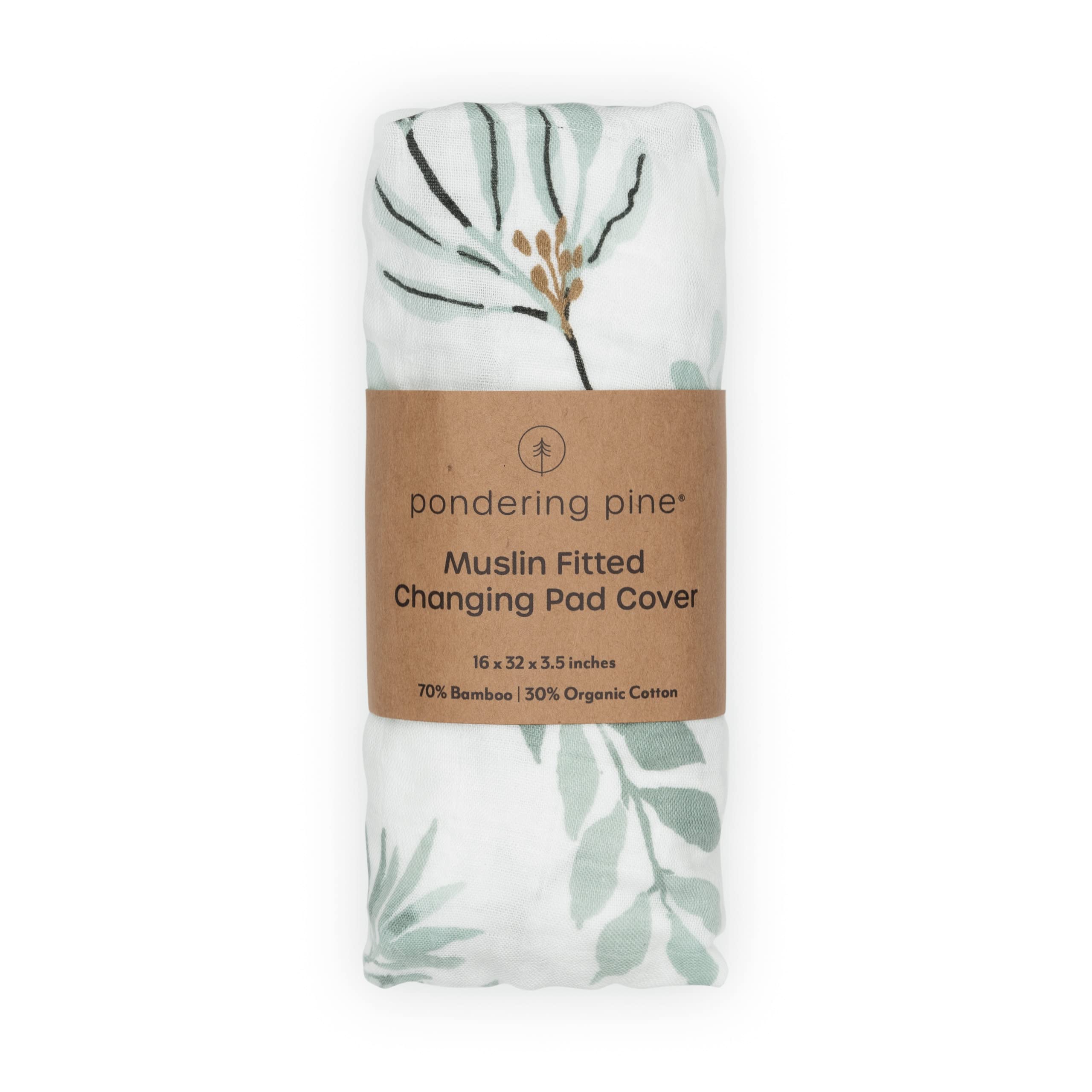 Organic Muslin Changing Pad Cover - Fitted Baby Changing Mat, Soft and Breathable, Eucalyptus Leaves, 16βx32β