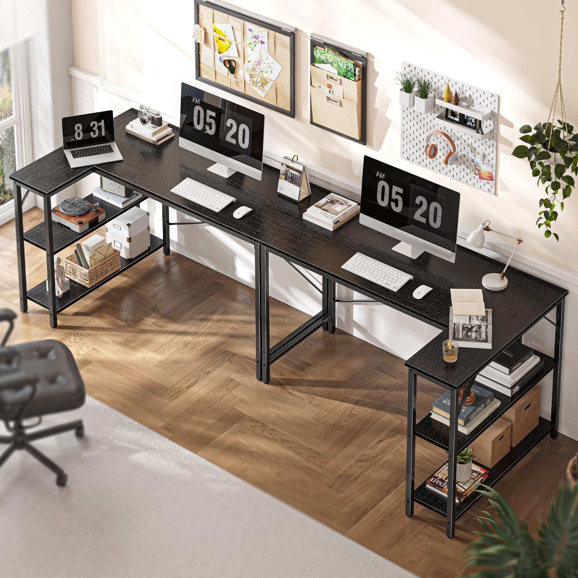 Huuger L Shaped Desk, 47 Inches Computer Desk with Reversible Storage Shelves, Gaming Desk, Corner Desk Home Office Desks, Writing Desk Study Desk with Metal Frame, Black