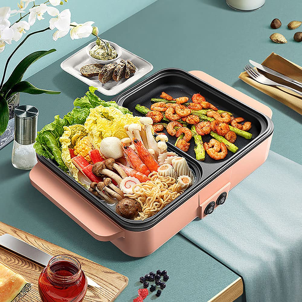 Mini Electric Grill and Hot Pot, 2 in 1 Portable Electric Hot Pot Barbecue Grill Non-Stick Teppanyaki Pan 110V Multifunction Nonstick Griddle & Hot Pot for Steak, Shabu, BBQ - Pink (Pink)