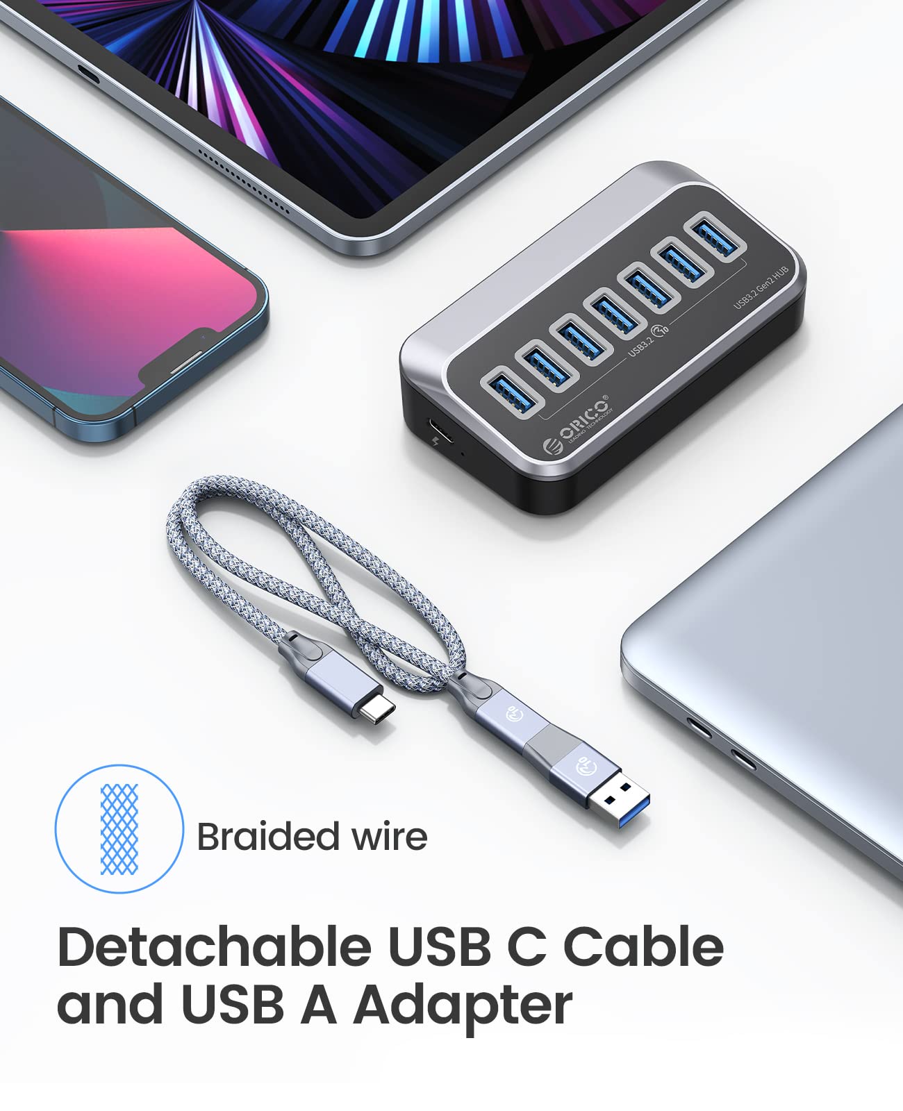 ORICO USB Hub 10Gbps with 4 USB A Ports, USB 3.2 Gen 2 Hub with 1.64Ft USB-C Cable and USB-A Adapter USB Splitter for iMac, All MacBooks, Mac Mini-Plastic Version