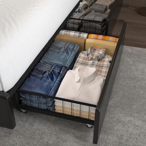 Yegee Queen Bed Frame with Storage Drawers, Leather Upholstered Bed Frame Platform with Headboard, Wood Slats Support Bed Frame, Easy Assembly, Noise Free, No Box Spring Needed, Dark Brown