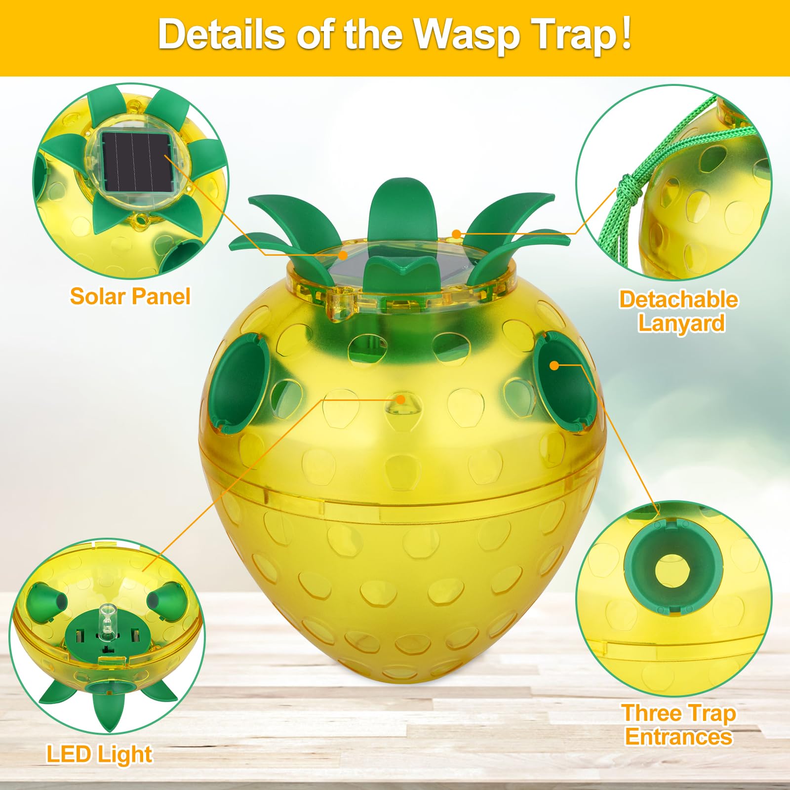 Wasp Traps Outdoor Hanging, Yellow Jacket Wasp Catcher for Trapping Hornet, Non-Toxic Reusable Wasp Catcher for Outdoors Trapping Wasp, Wasp Trap Solar Power Outdoor with LED Light (2P-Yellow)