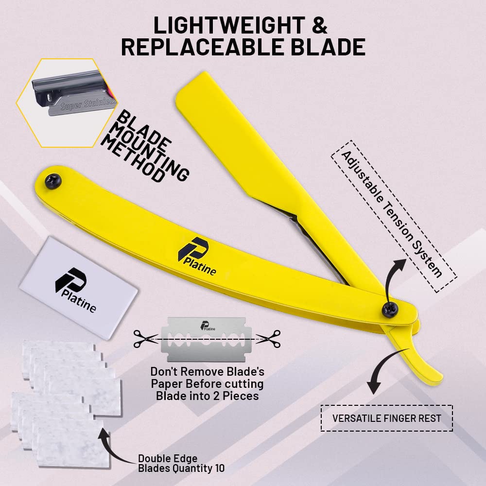 Platine Straight Razor, New Ergonomic Stainless Steel Straight Edge Razor with 10 Extra Premium Blades - Barber razor for Personal & Professional Usage (Pink)