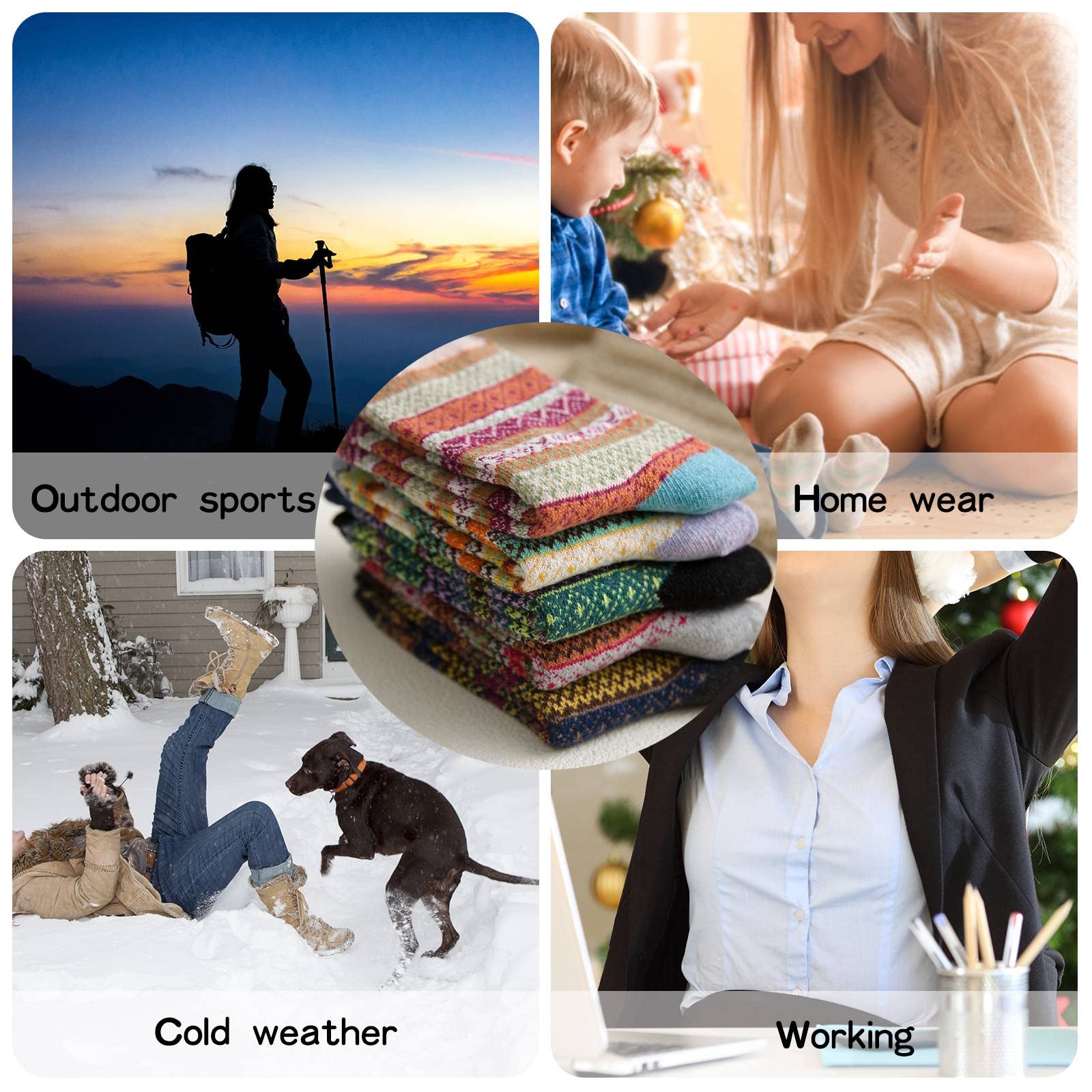 Mini Kitty 5 Pairs Winter Wool Socks for Women Thick Knit Warm Socks Casual Soft Cozy Crew Socks Mixed Colors Gifts A-Pink