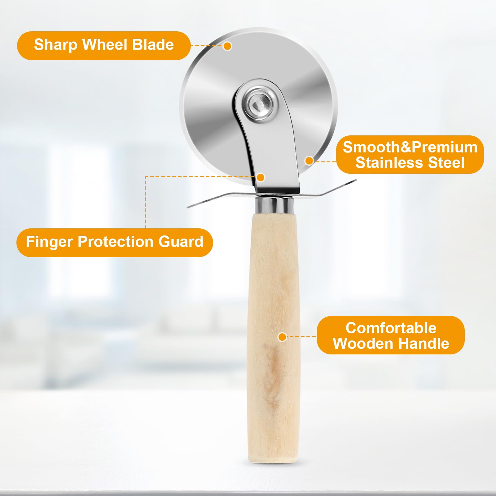 Pizza Cutter Wheel,Stainless Steel Pizza Slicer with Finger Guard Protection,Classic Pizza Cutter with Wooden Handle and Sharp Blade,Dishwasher Safe