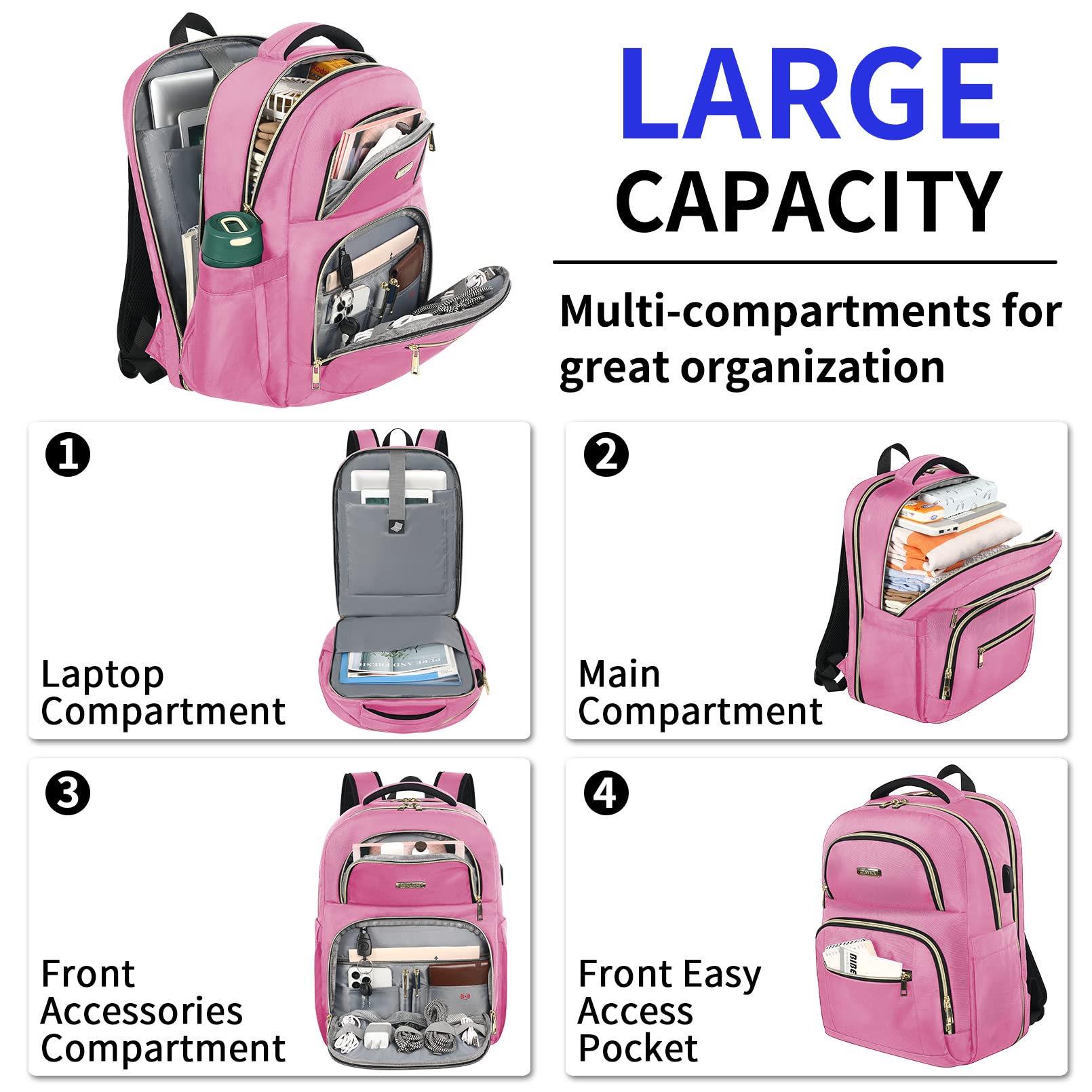 LTINVECK Travel Laptop Backpack for Women Men, Business Anti Theft TSA Friendly Laptops Backpack with USB Charging Port,Durable Water Resistant Computer Bag Fits 15.6 Inch Laptops,Pink