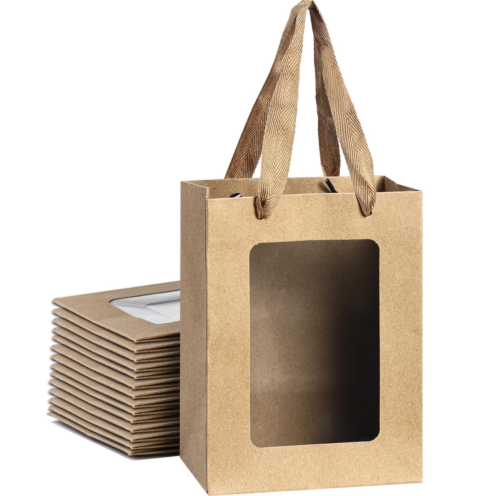 VAGREEZ 15 Pcs Paper Gift Bags with Transparent Window, Kraft Goodie Bags with Handles, Bulk Shopping Bags, Ideal for Halloween, Christmas, Birthday, Wedding, Party Favors, and Bulk Packaging, Brown